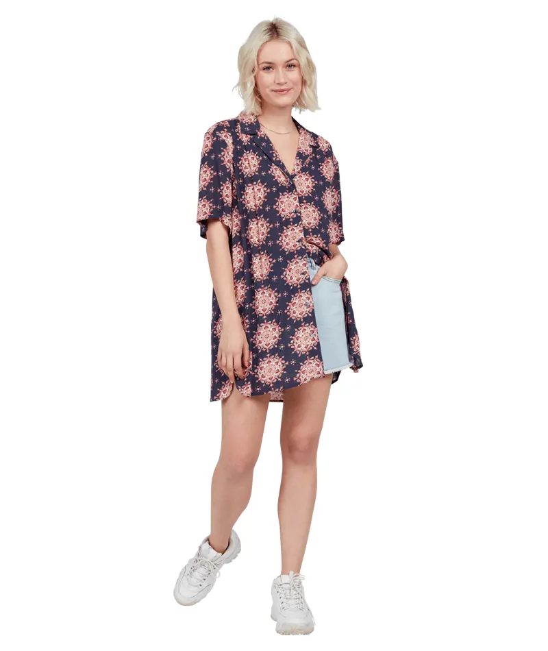 Volcom Thee Metallion Oversized Shirt Dress Midnight Blue Pink